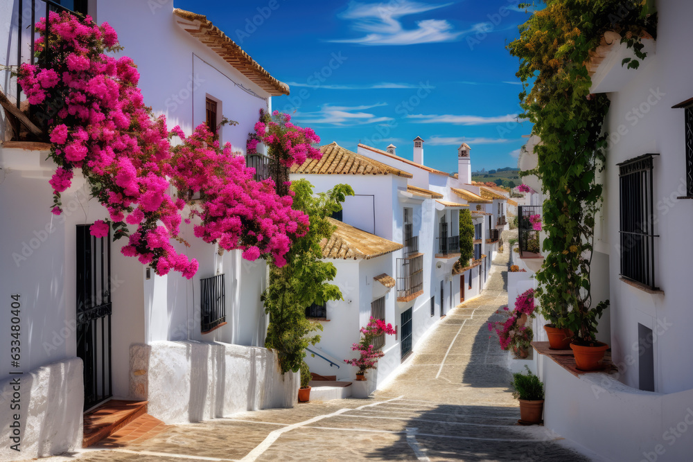 Picturesque narrow street in Spanish city old town. Typical traditional ...