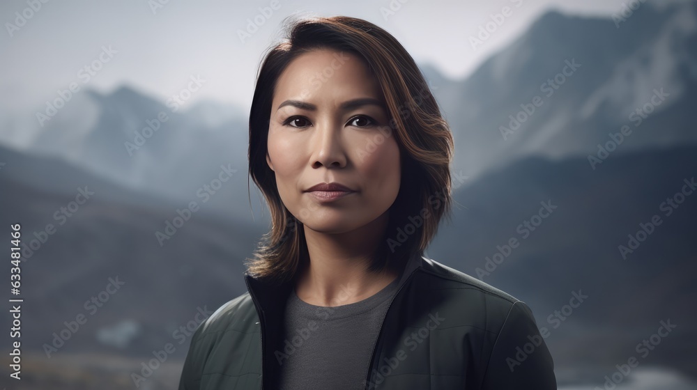 Foto de Female Asian TV presenter; digital anchor in studio, focusing ...