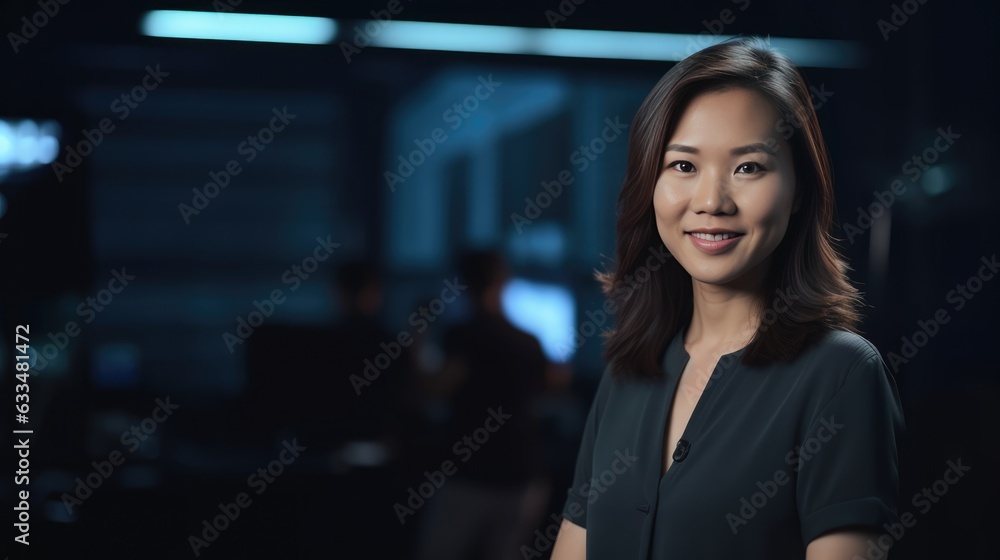 Female Asian TV presenter; digital anchor in studio, focusing on ...