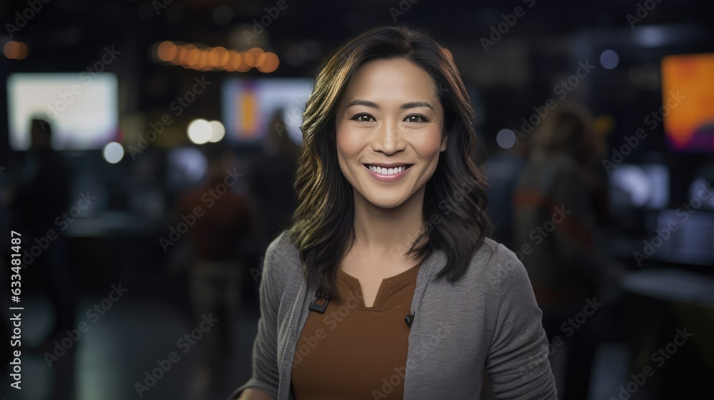 Female Asian TV presenter; digital anchor in studio, focusing on ...