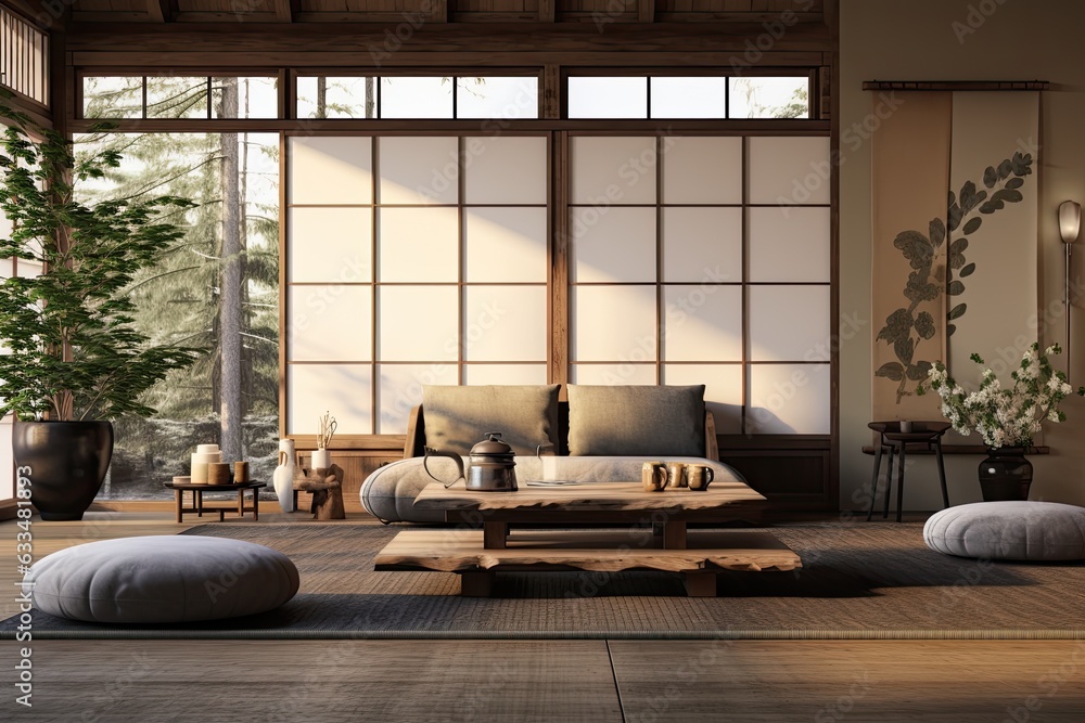 Japanese style home interior with a living room background showcasing a ...