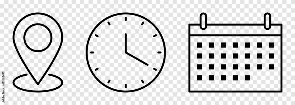 Date, time, location icon. Vector illustration isolated on transparent ...