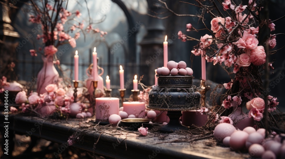 whimsical gothic decor of the table and hall in the style of an ...