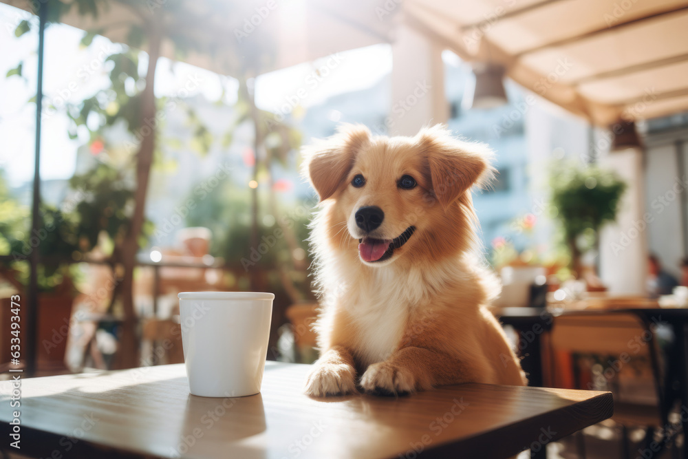 Nice golden colour dog sitting at cafe table with tasty food. Dog ...