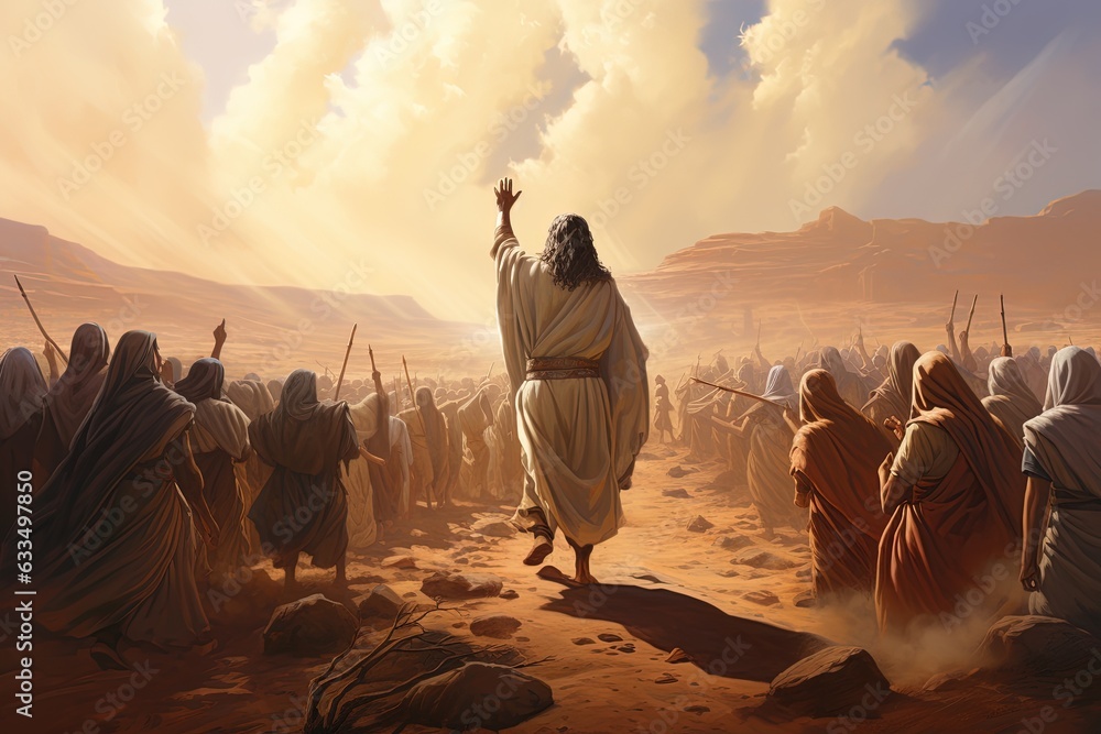 Illustration of Moses leading the people of Israel in the desert. Stock ...