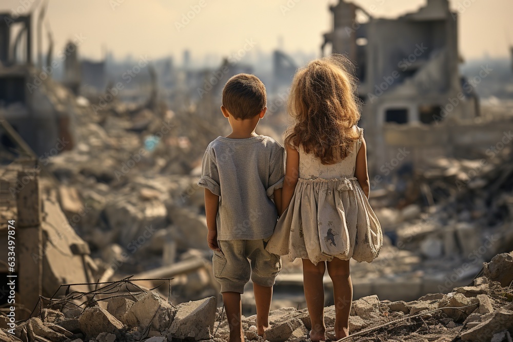 Family looking in war-torn debris. Stock Illustration | Adobe Stock