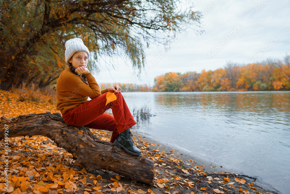 a young teenage girl posing in an autumn forest, sitting on a tree by ...