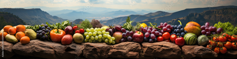 Group of fruits and vegetables, mountain landscape background, healthy ...