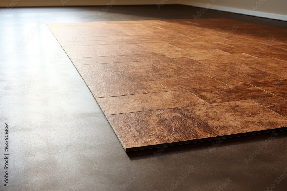 Side view of expanded brown linoleum with wood structure on the floor ...