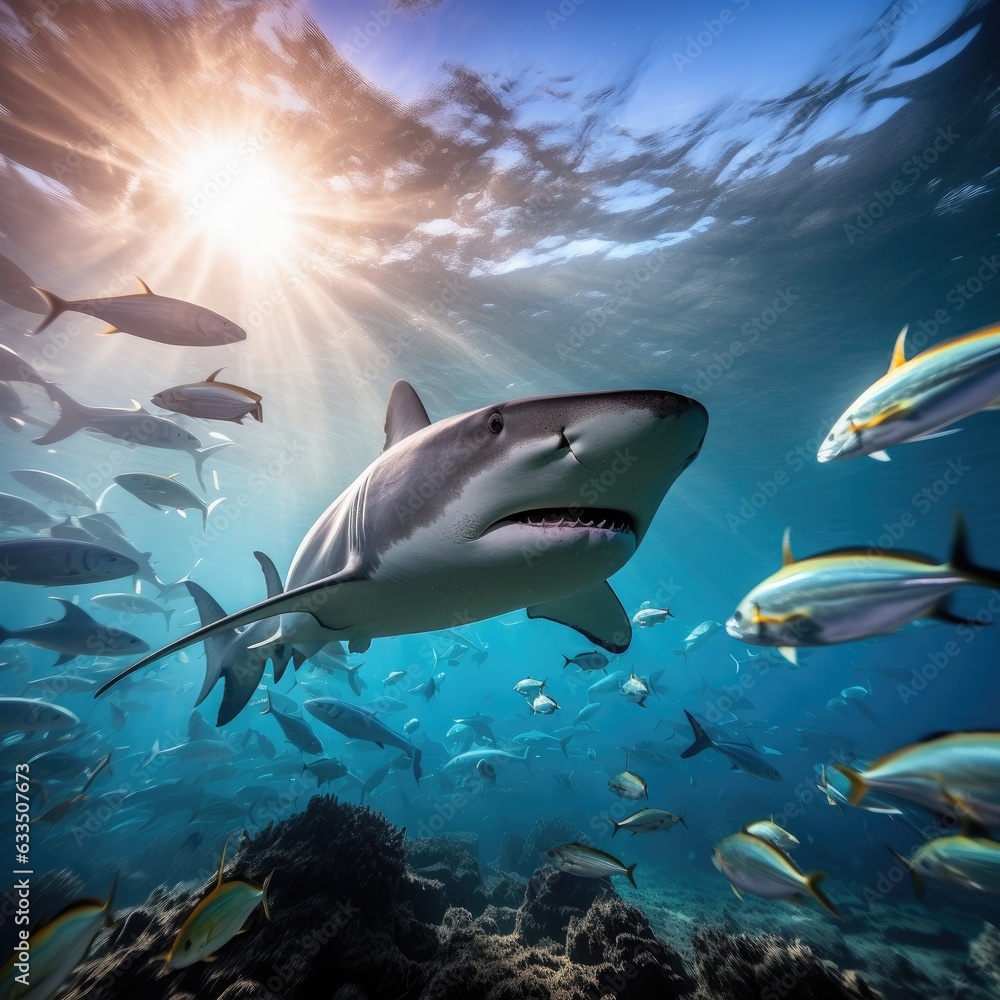 Ocean shark bottom view from below. Open toothy dangerous mouth with ...