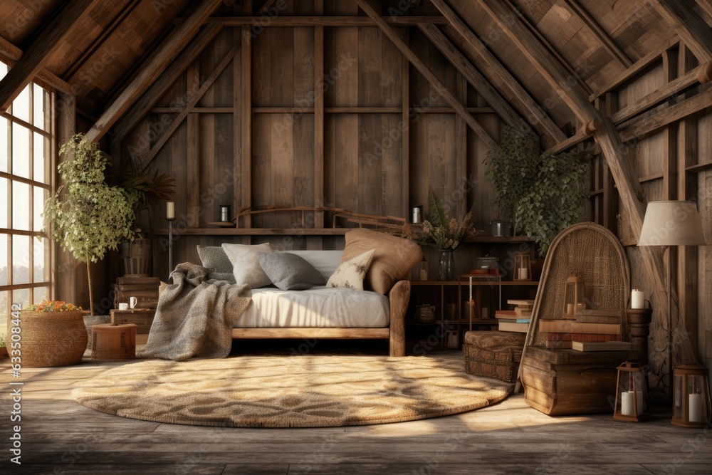 A cozy barn interior background has been used as a render for a home ...
