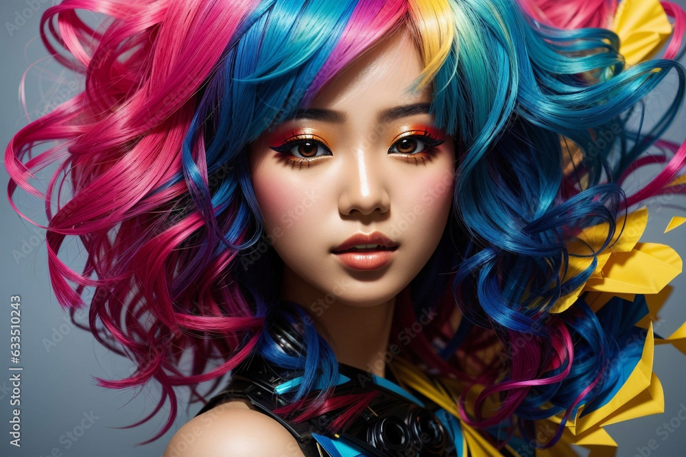 Stunning creative portrait of Asian woman with bright cmyk hair and makeup. Asia. Art. Design ...