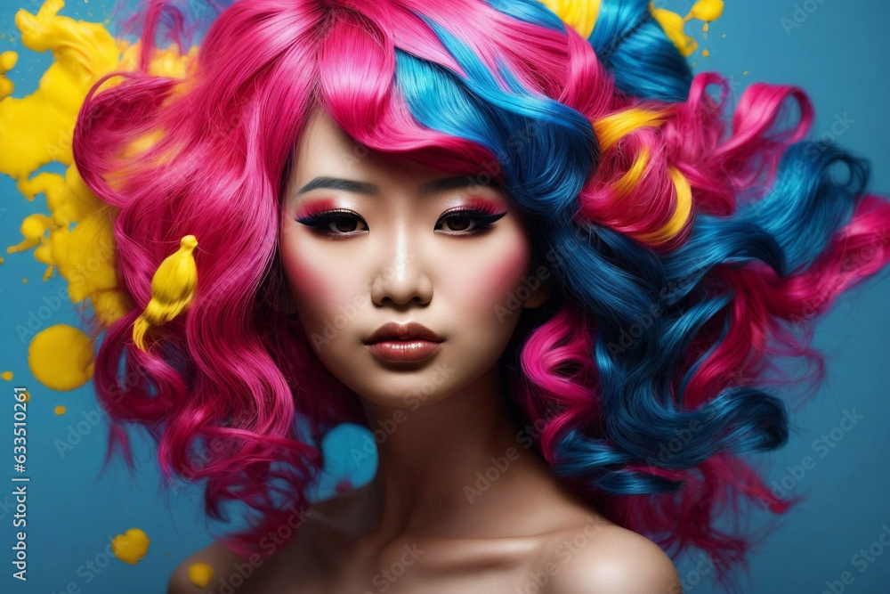 Stunning creative portrait of Asian woman with bright cmyk hair and ...