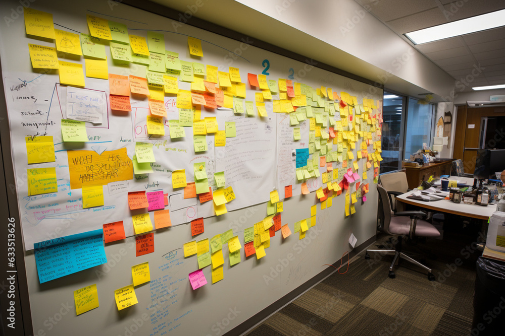 Modern creative office with a whiteboard with post - it notes and ...