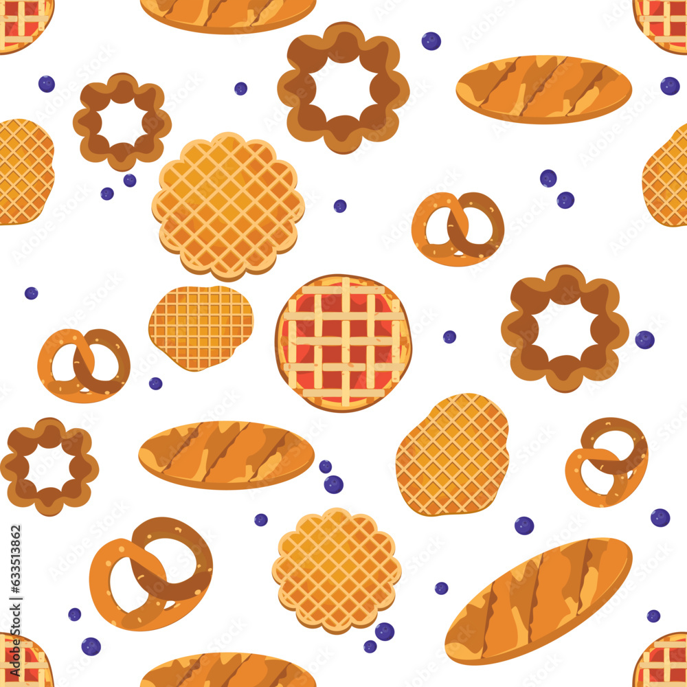Seamless pattern of bakery treats, pies, donuts, bread, cookies ...