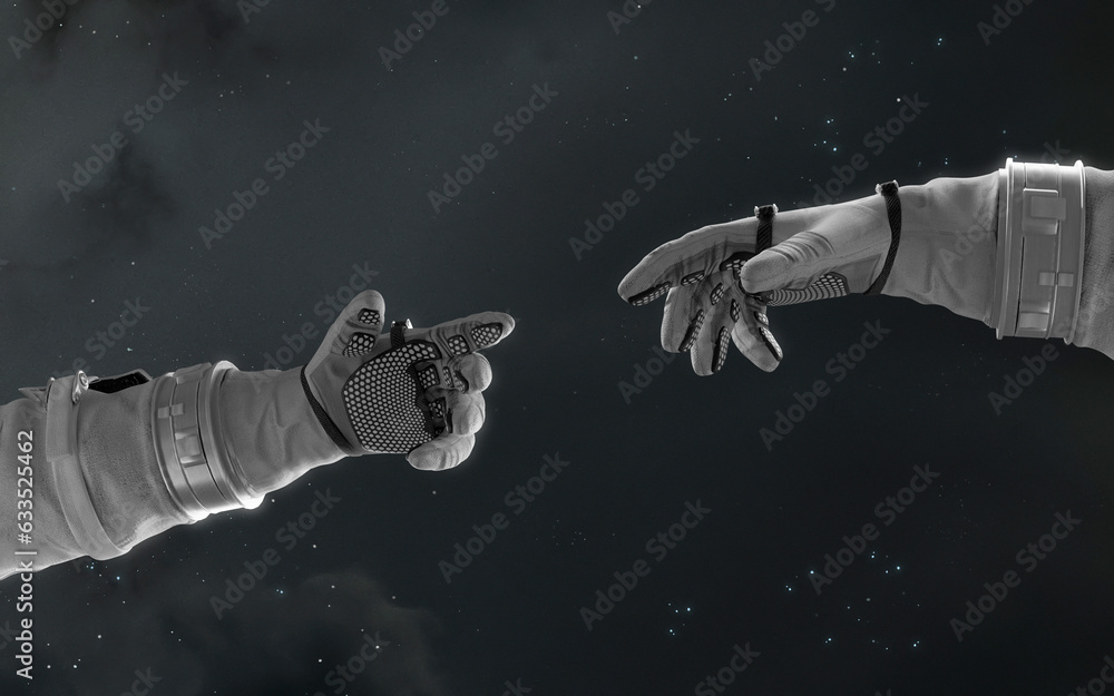 3D illustration of astronauts touch each other's hands. 5K realistic ...