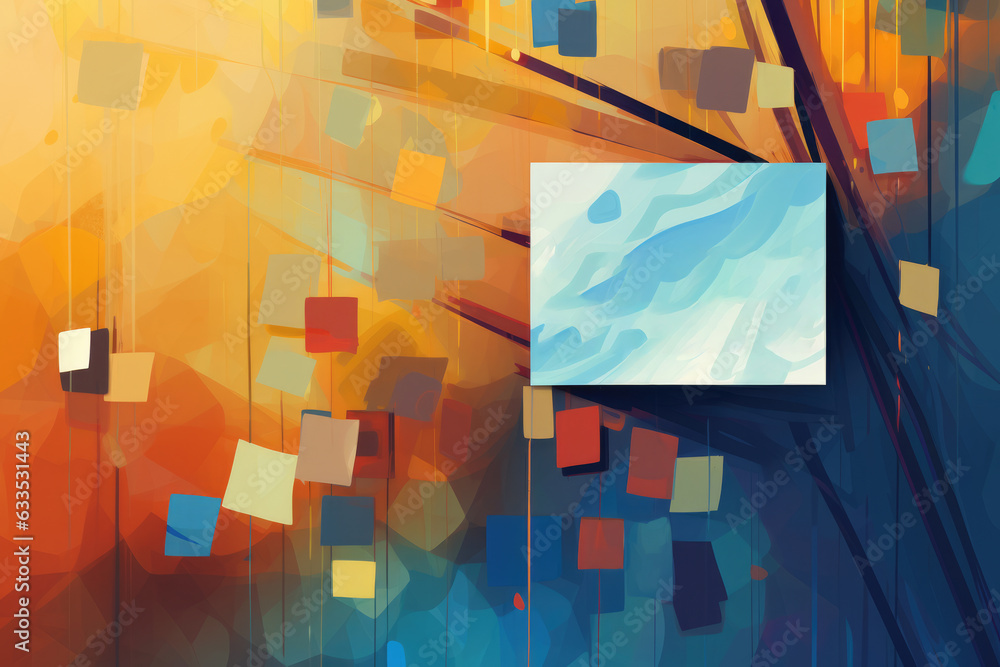 Watercolor painting featuring an abstract square design with affixed ...