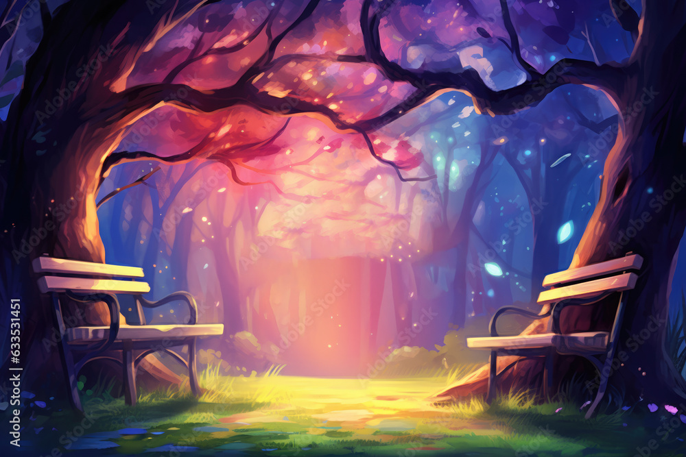 Enchanting scene of a magical forest featuring two benches and lush ...