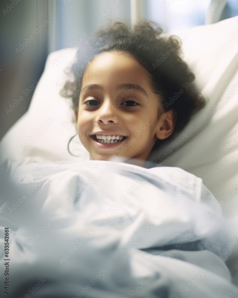 A blurred photo of a child bedridden in a hospital bed smiling at their ...