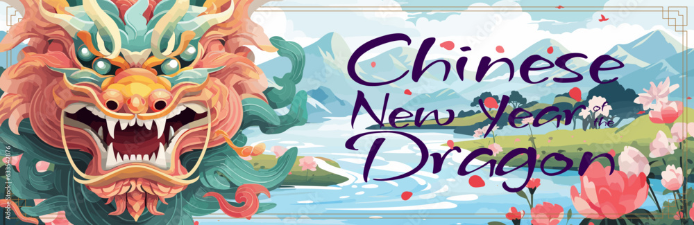 Chinese New Year 2024 horizontal banner. China dragon with lettering on ...