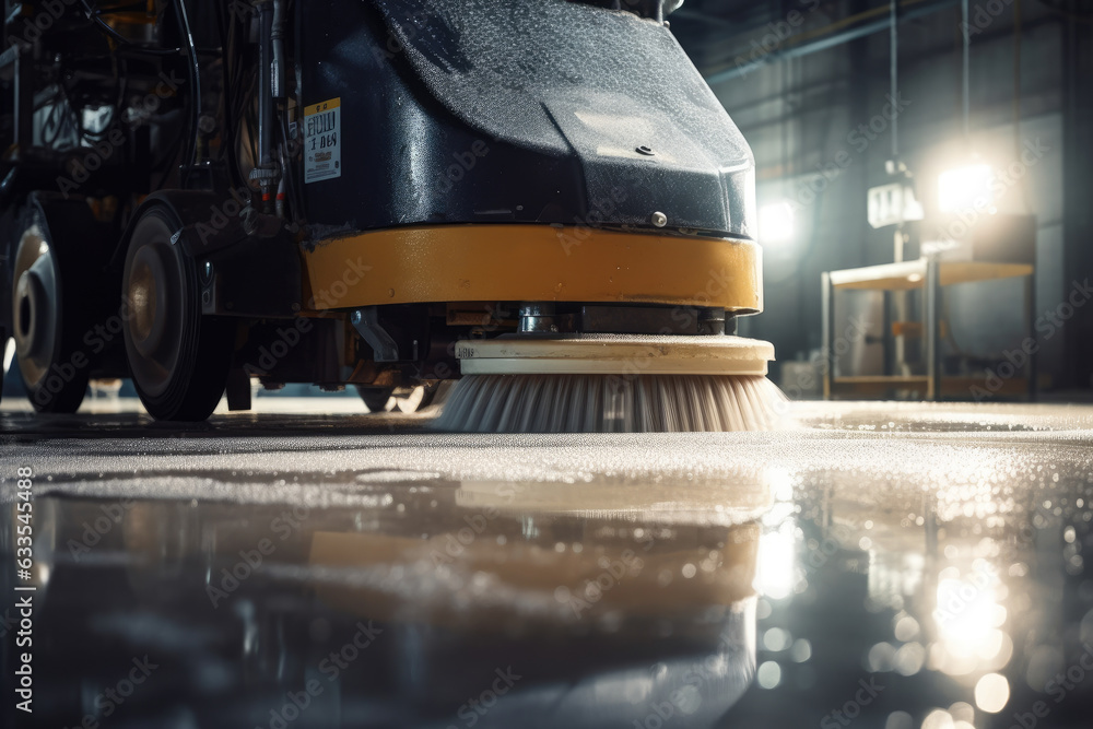 Macro shot of a large industrial scrubber machine cleaning a concrete ...