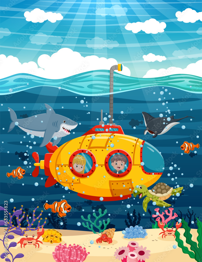 Cartoon Submarine Under The Sea. Small inquisitive children on ...