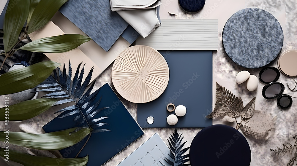 Classic flat lay composition in grey and navy color palette with ...