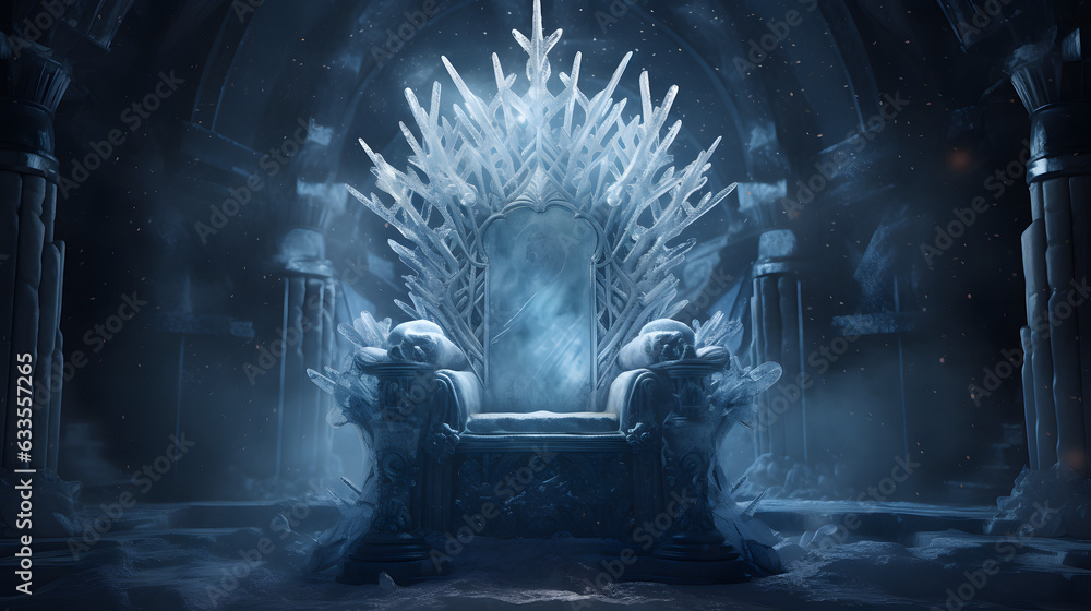 A throne made of ice with large snowflakes in the center and on the ...