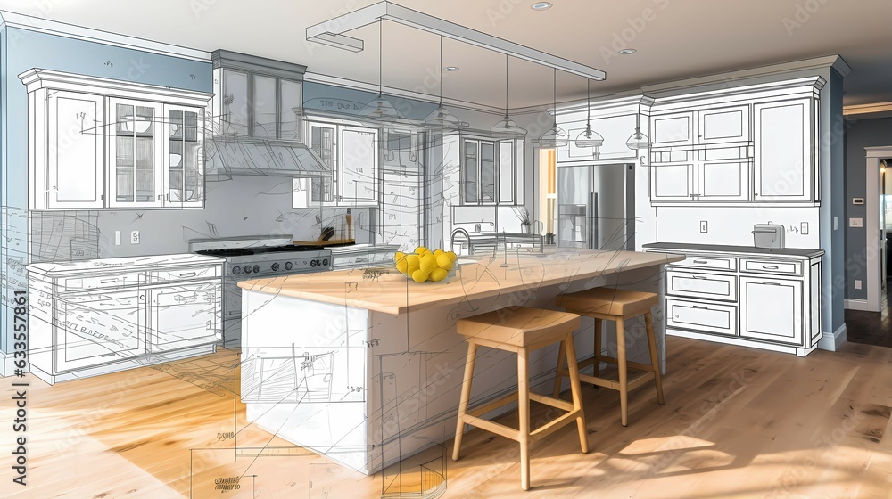 Vivid 3D Rendered Kitchen: Bridging Architectural Design Blueprints ...
