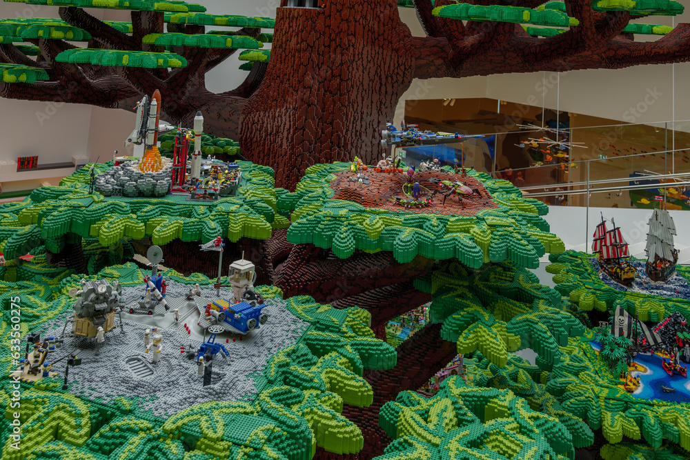 Interior view and selective focus at lego tree and various theme of ...