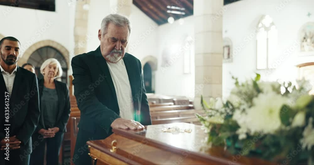 Funeral, church and man by coffin for mourning. goodbye and grief in ...