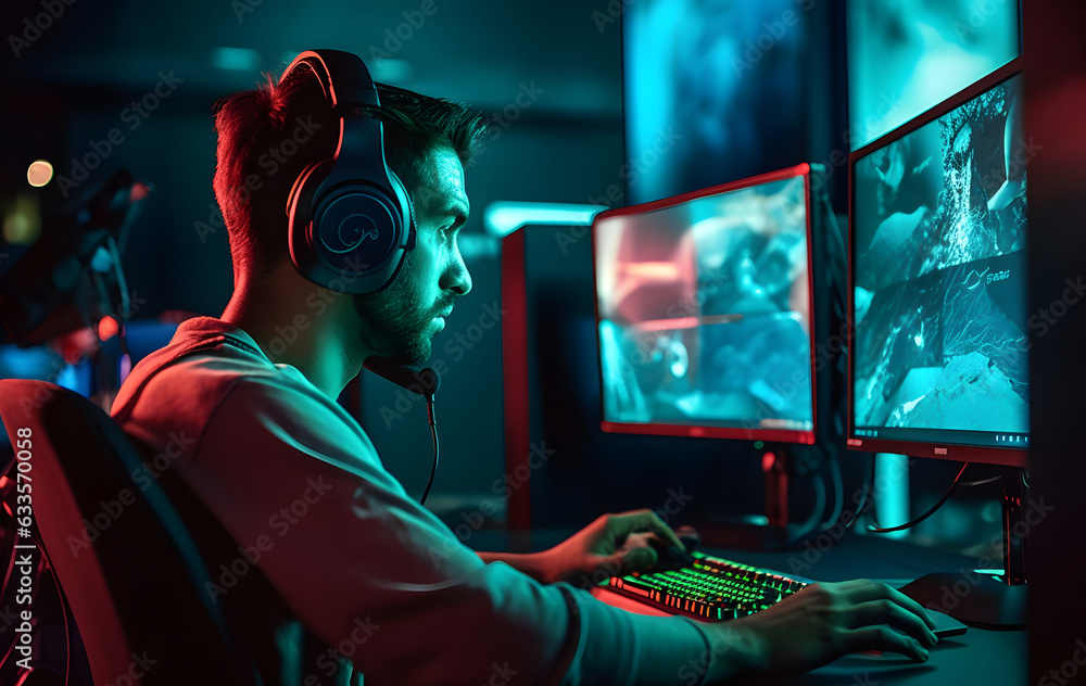 young caucasian gamer with headset playing video games with computer ...