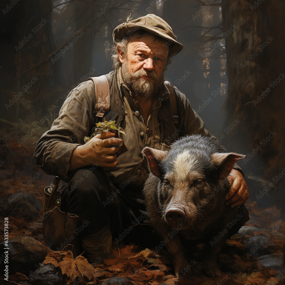 Old Man with a pig hunting for good truffles in the wild generative AI ...