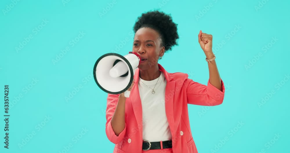 Megaphone, speech and black woman with protest, feedback and ...