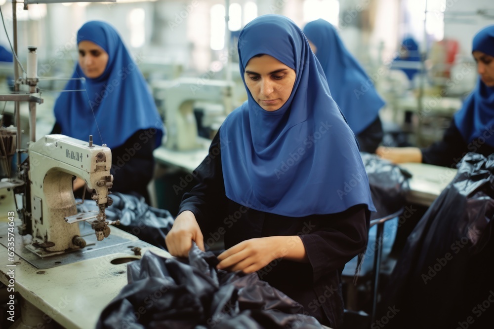 Foto de Female islamic factory workers wearing hijabs in an islamic ...