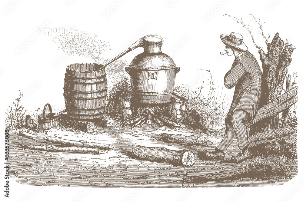 Vintage alcohol distillation. Alcohol making process. Copper still ...