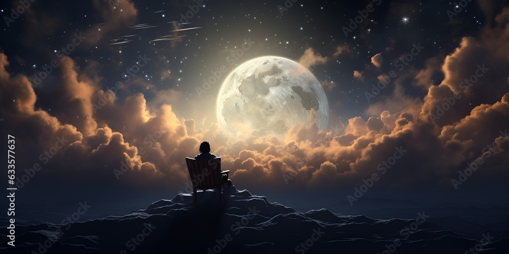 man and moon, A man stands in front of a planet with the moon in the ...