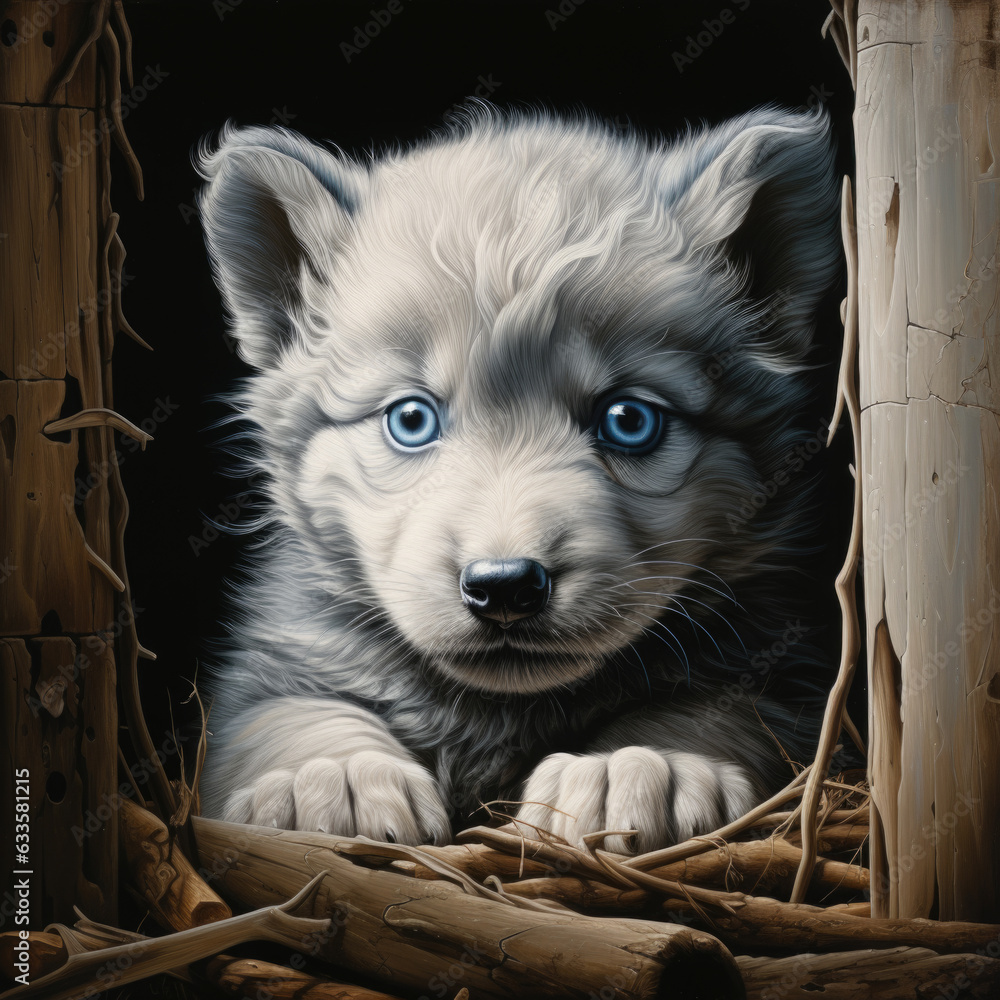 Little cute wolf cub with blue eyes, photorealistic color illustration ...