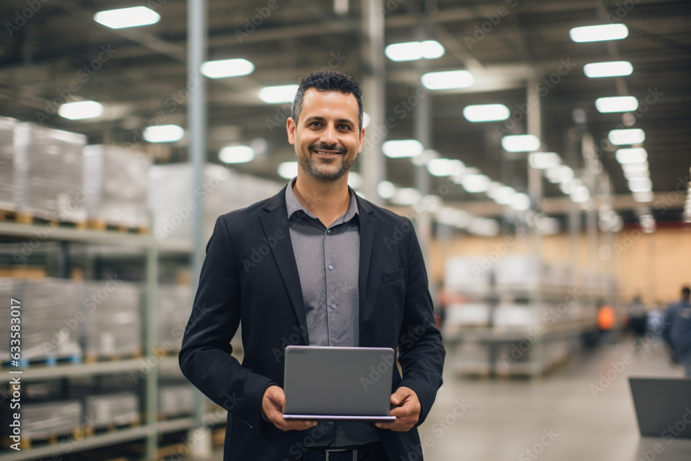 happy man, dressed in professional attire, stands in a bustling data ...