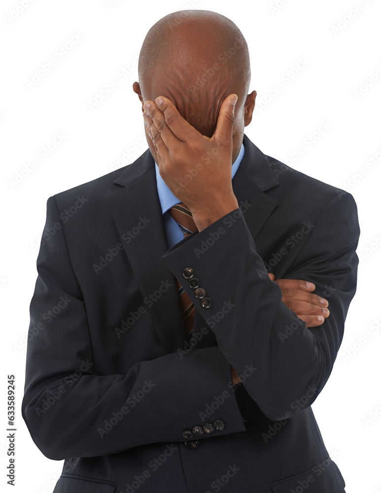 Stress, headache and business man with fail gesture on isolated ...