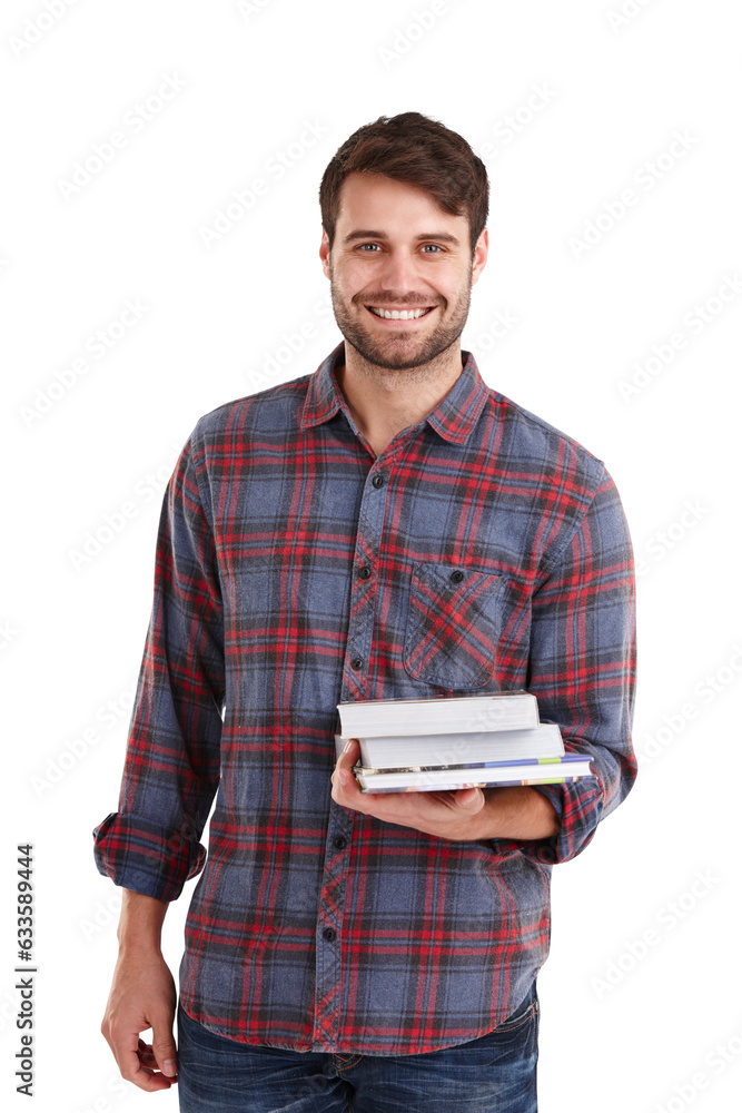 Man, books and education, portrait and smile with knowledge and ...