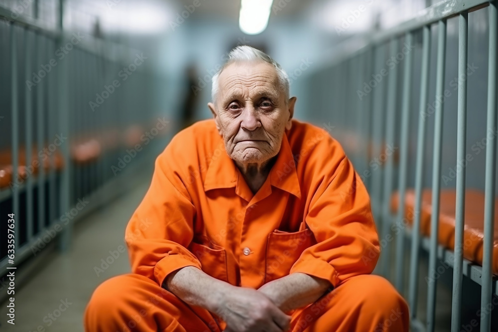 Elderly criminal in orange uniform sits on prison bed and thinks about ...