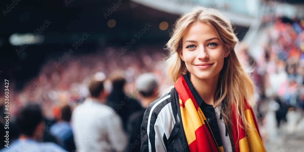 Blonde Fan Woman Wearing German Soccer Shirt and Wrapped in German Flag ...