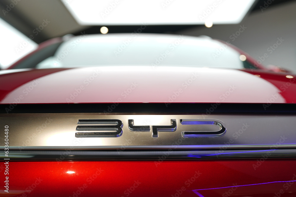 PENANG, MALAYSIA - 30 JULY 2023: Car logo of a BYD Build Your Dreams EV ...