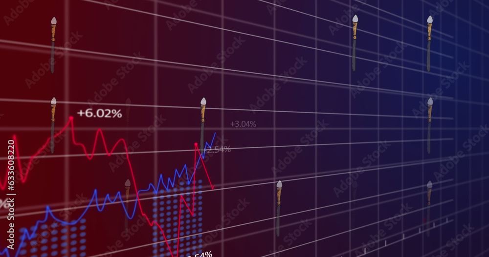 Image of statistical data processing over grid network against purple ...