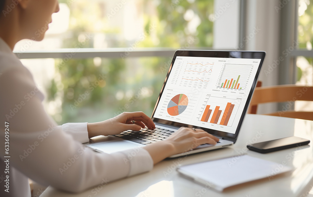 Information analysis. Working from her home office, the female economic ...