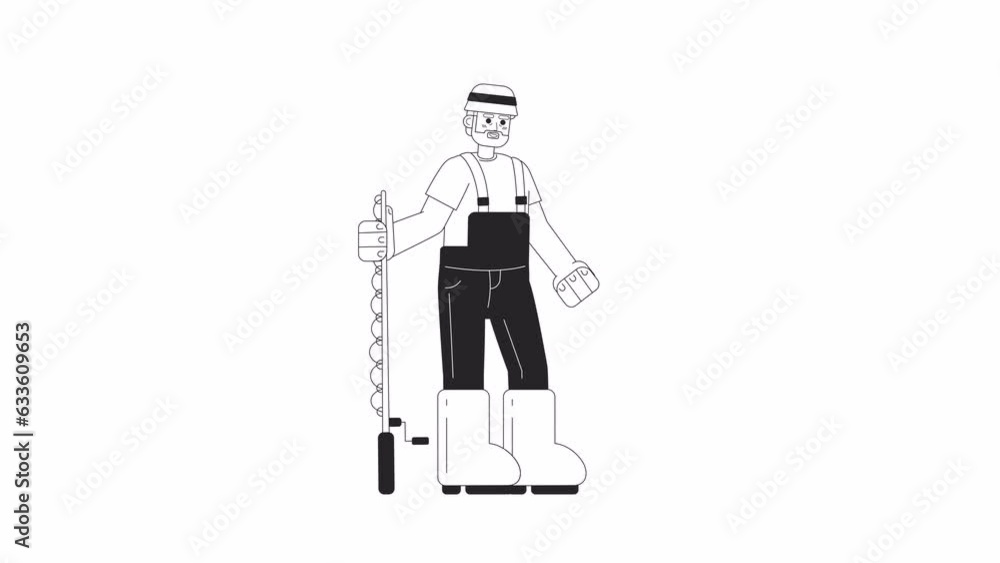 Maritime fisherman holding fishing rod bw 2D character animation ...