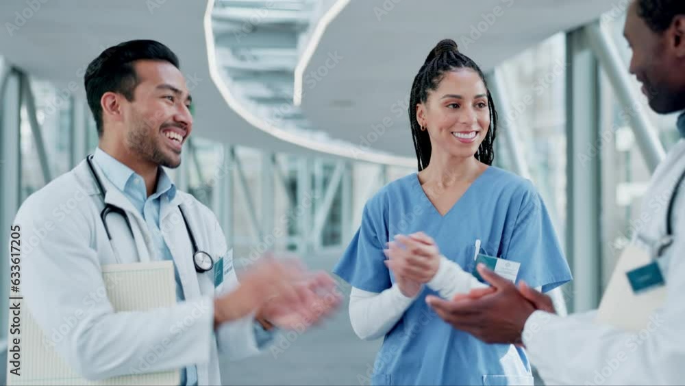 Doctors, nurses and high five, applause and success for teamwork, healthcare news or hospital ...