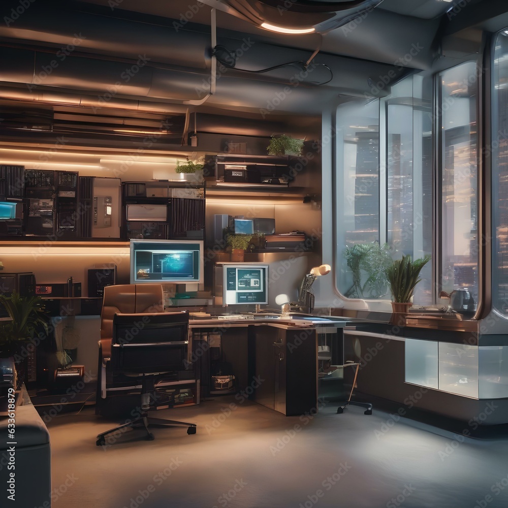 An office in a retro-futuristic space station, complete with vintage ...