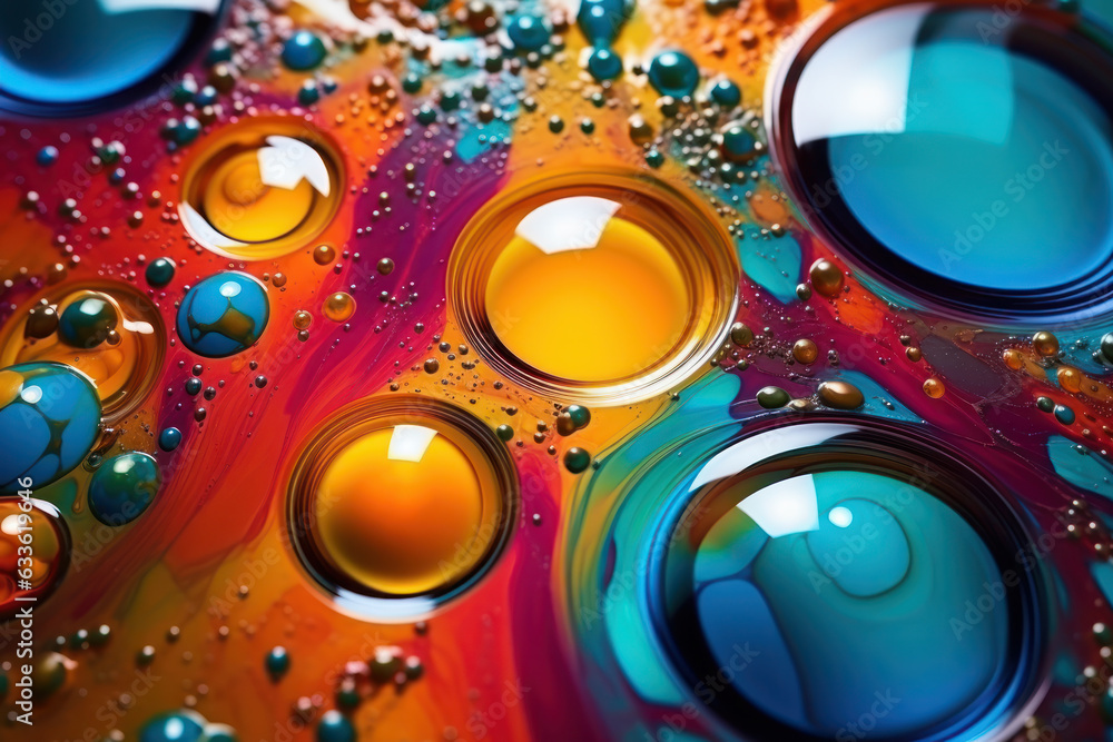 Iridescent liquid acrylic with bubbles surface. 3d background. Abstract ...